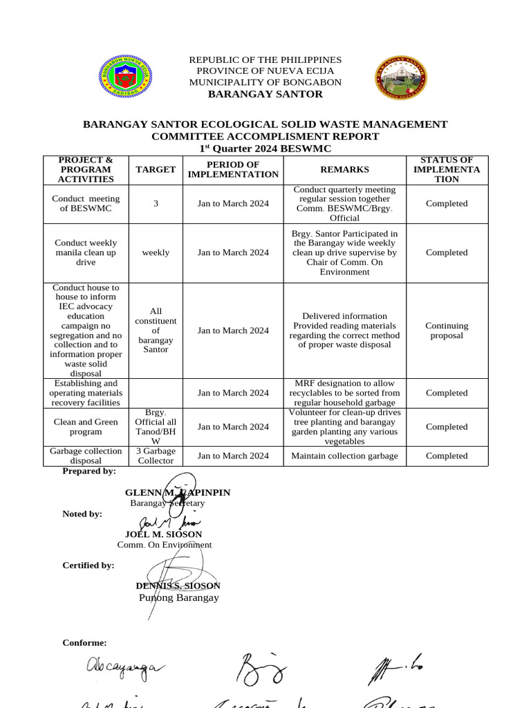 Barangay Santor Waste Management Report | PDF | Waste Management ...