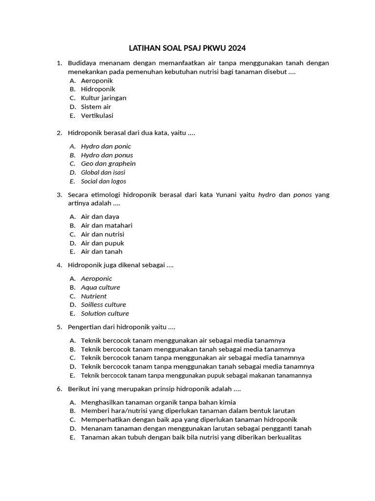 Soal Latihan PKWU Hidroponik 2024 | PDF