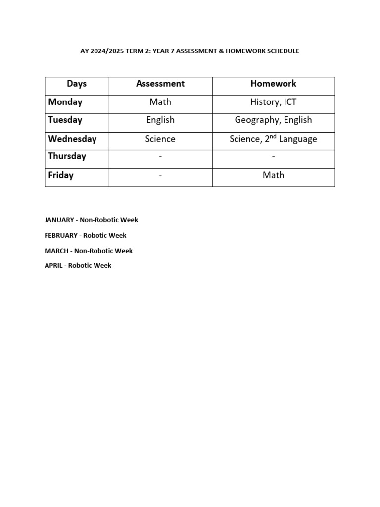 Year 7 Homework Assessment Schedule | PDF