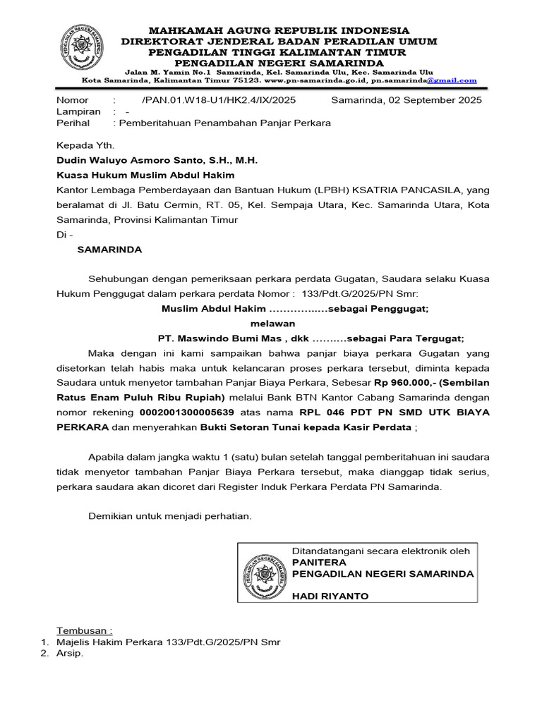 Pemberitahuan Tambahan Panjar Perkara | PDF