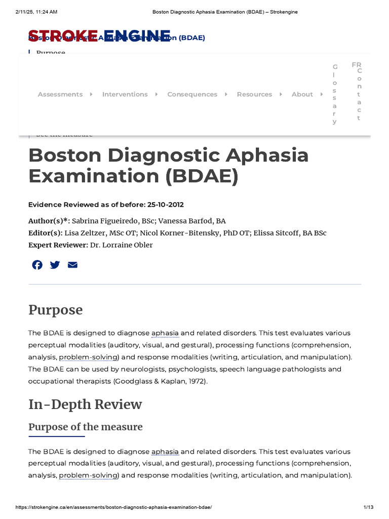 Overview of the Boston Diagnostic Aphasia Examination | PDF ...