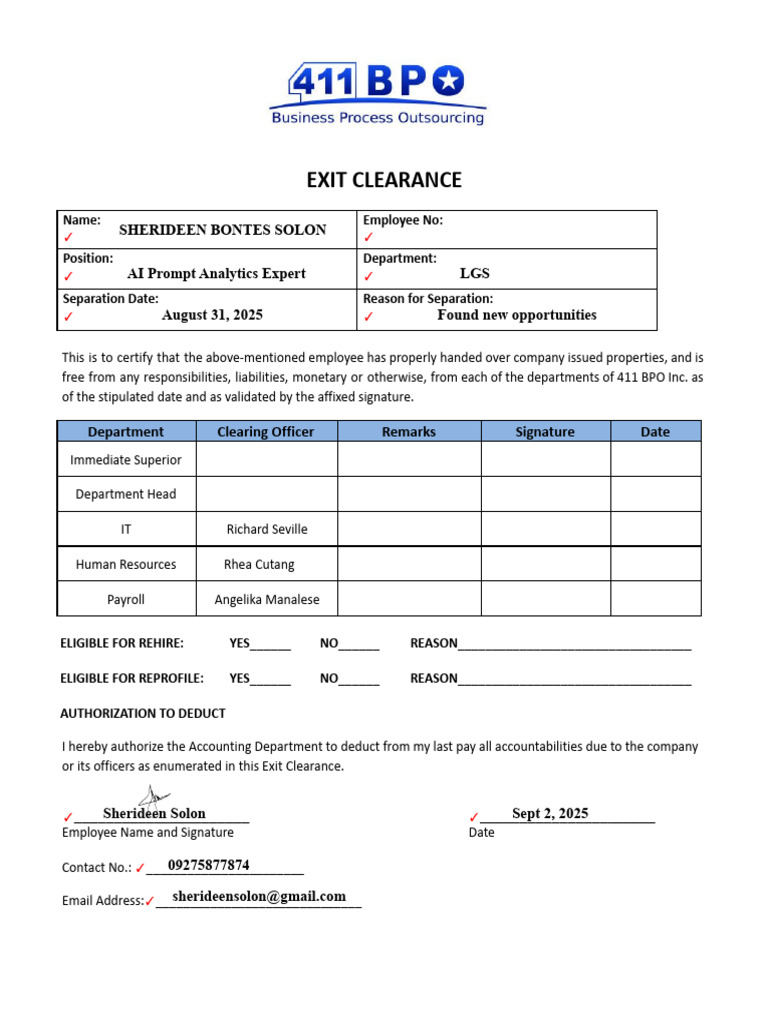 Exit Clearance Certificate Template | PDF