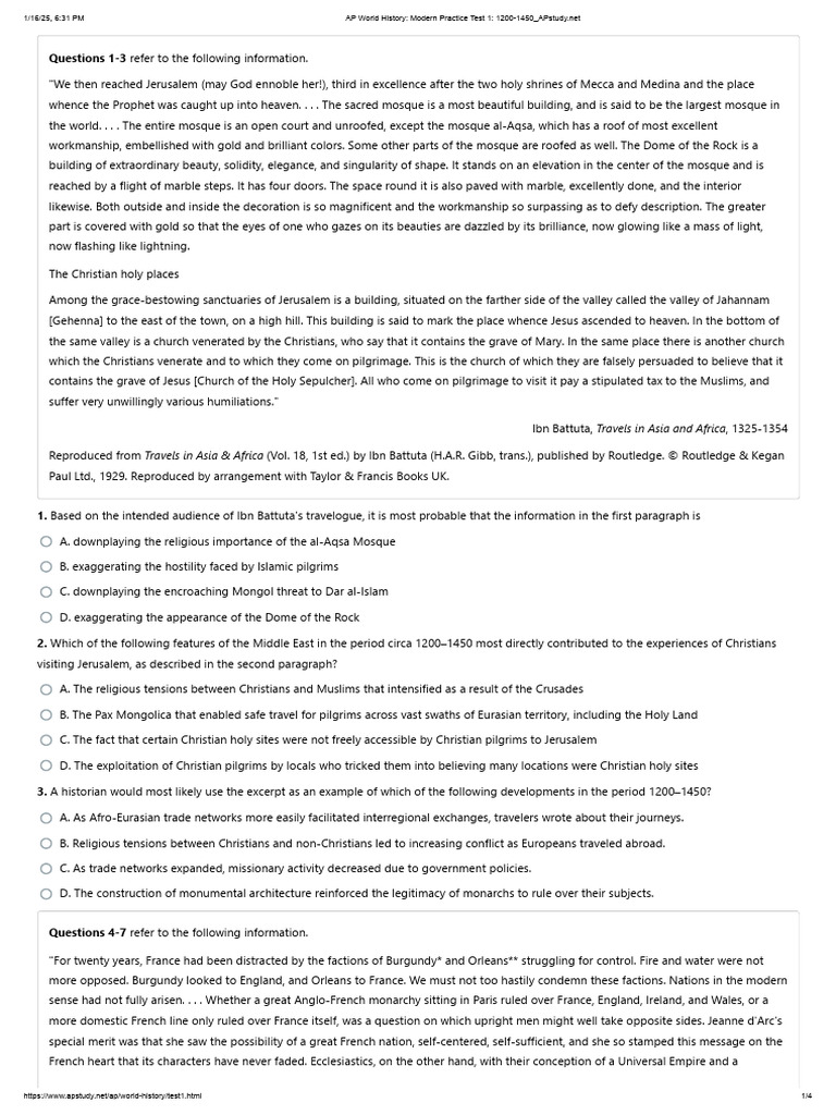 AP World History - Modern Practice Test 1 - 1200-1450 | PDF | Mosque ...