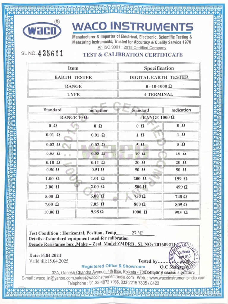 Earth Tester Calibration Certificate | PDF