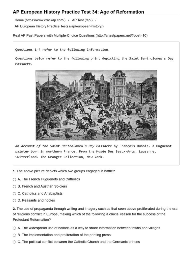 AP European History Practice Test 34 - Age of Reformation | PDF | Holy ...