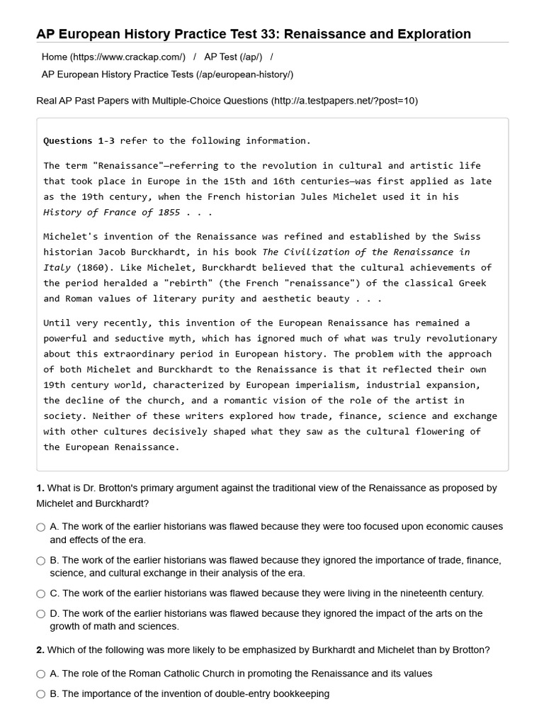 AP European History Practice Test 33 - Renaissance and Exploration ...