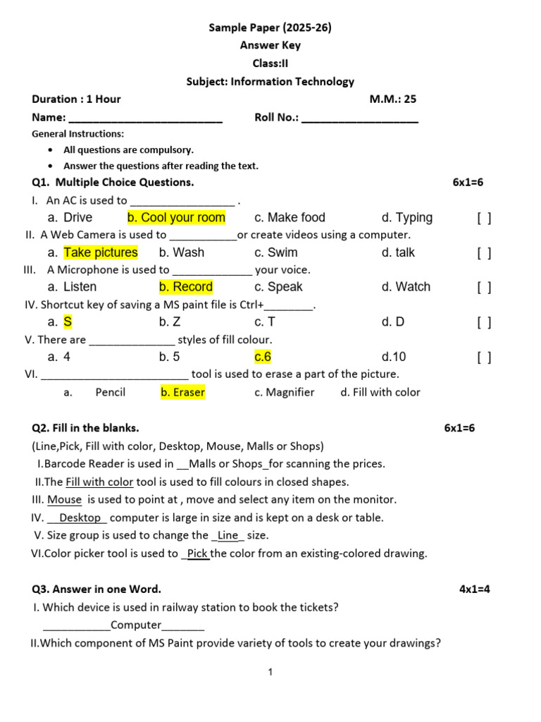 Sample Paper Class 2 Answer Key | PDF | Drawing | Image Scanner