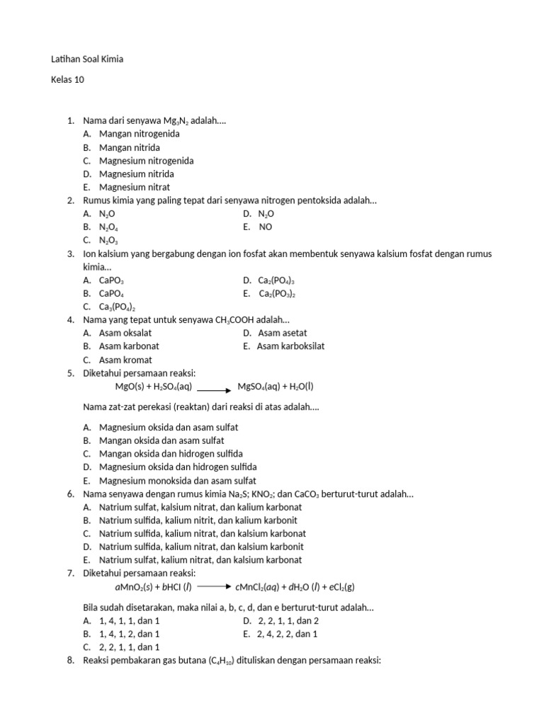Latihan Soal Kimia 10 (Rumus, Penamaan) | PDF