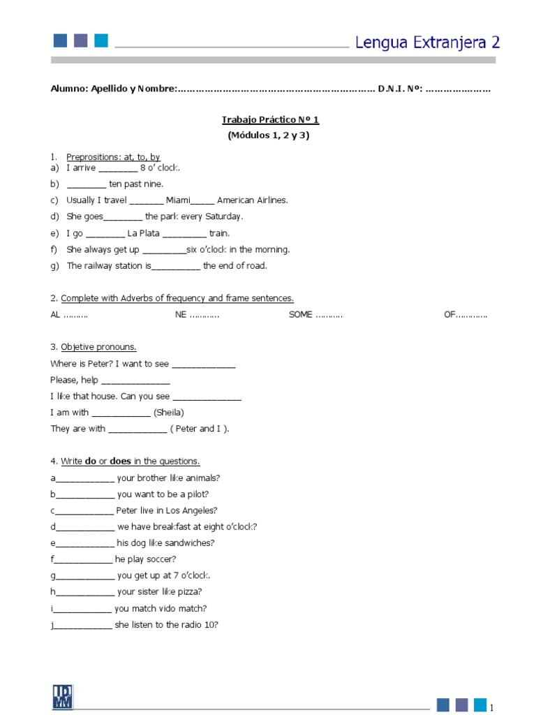 Alumno: Apellido y Nombre: D.N.I. Nº: . | PDF | Grammar | Style (Fiction)