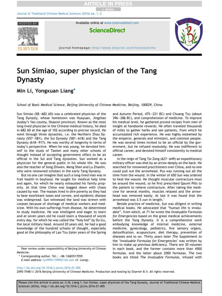 Sun Simiao: Tang Dynasty Medical Pioneer | PDF | Traditional Chinese ...