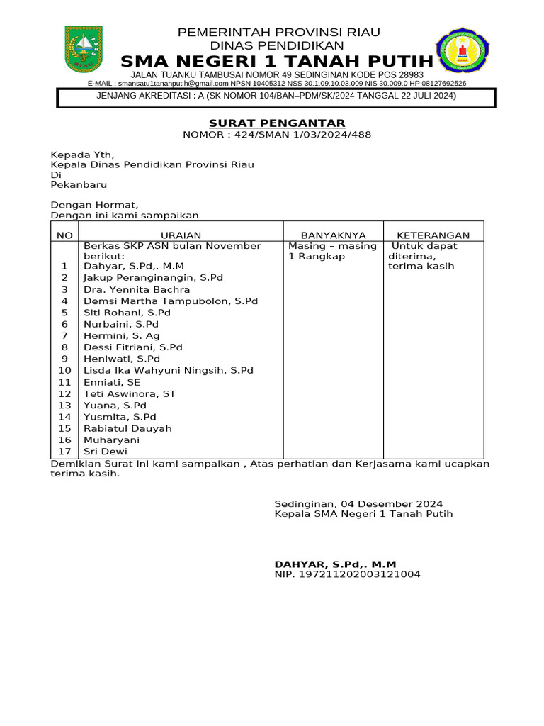 Surat Pengantar SKP ASN SMA 1 Tanah Putih | PDF