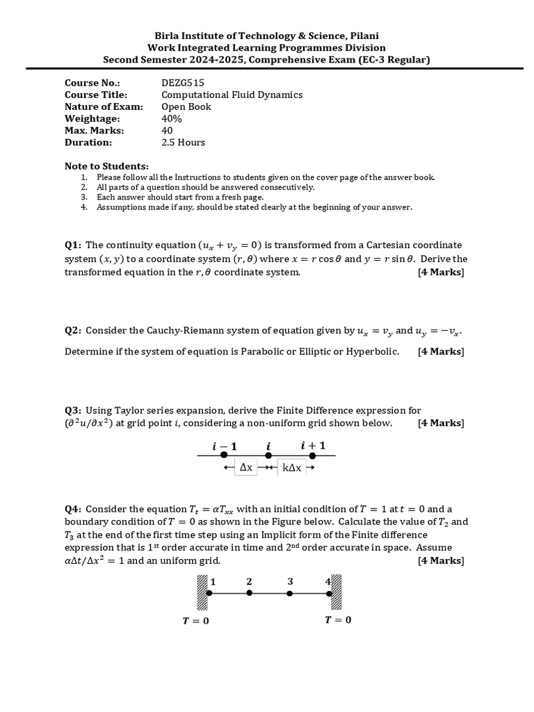 BITS Pilani CFD Exam Questions 2024-25 | PDF | Finite Difference ...
