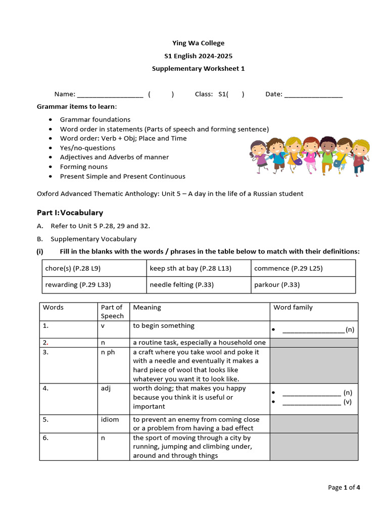 S1 English Grammar & Vocabulary Worksheet | PDF | Part Of Speech | Syntax