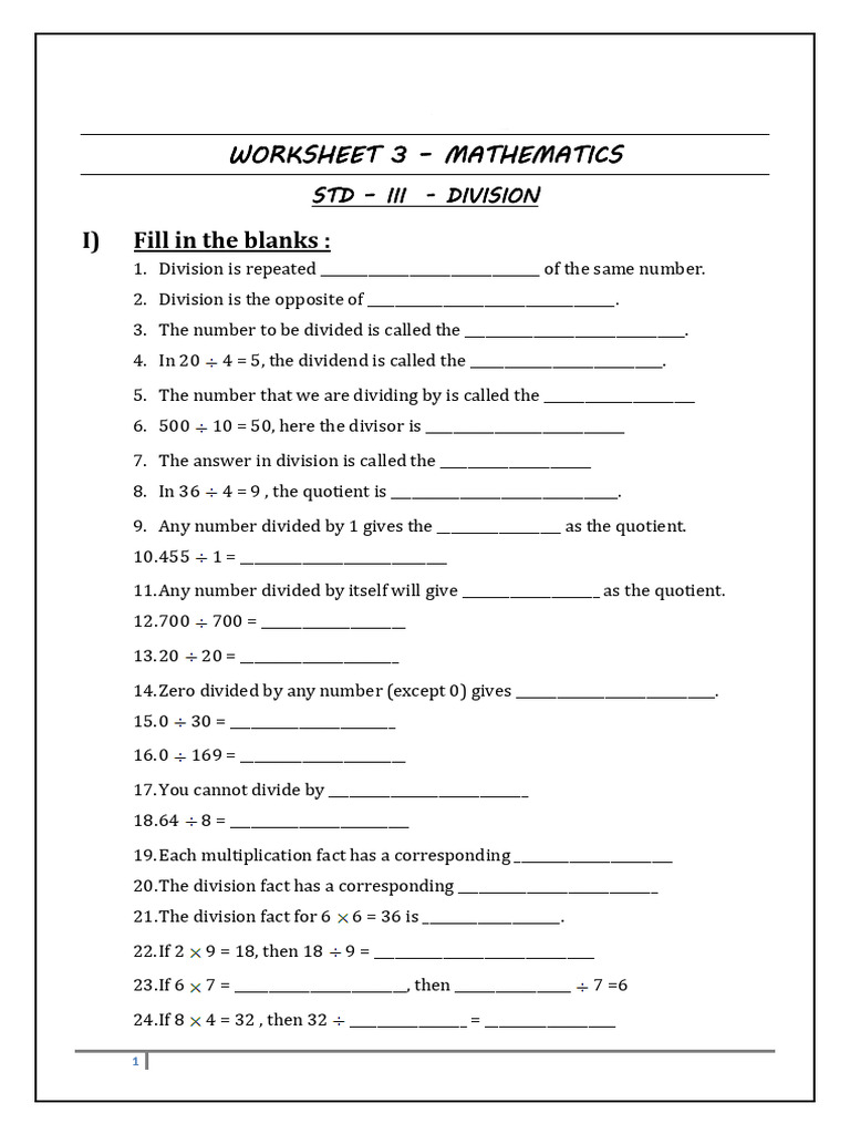 Division Worksheet for Grade 3 | PDF | Division (Mathematics ...