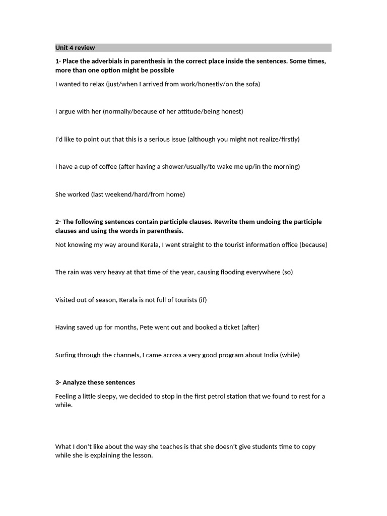 Unit 4 Adverbials and Clauses Review | PDF