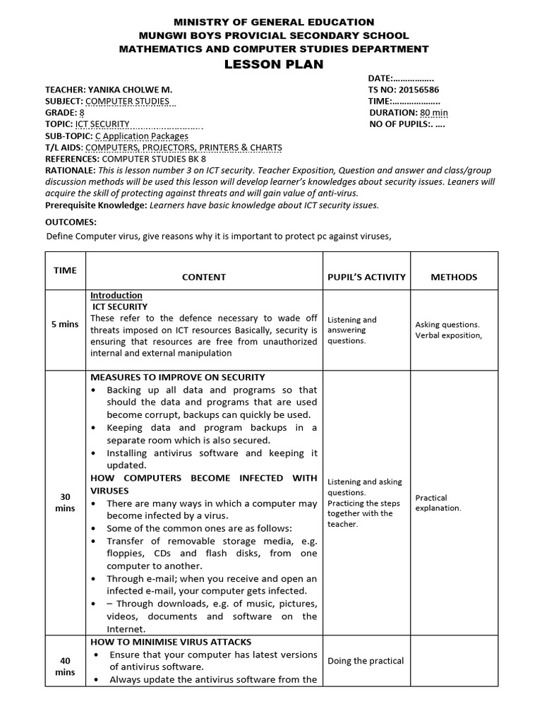 Grade 8 ICT Security Lesson Plan | PDF | Computer Virus | Antivirus ...