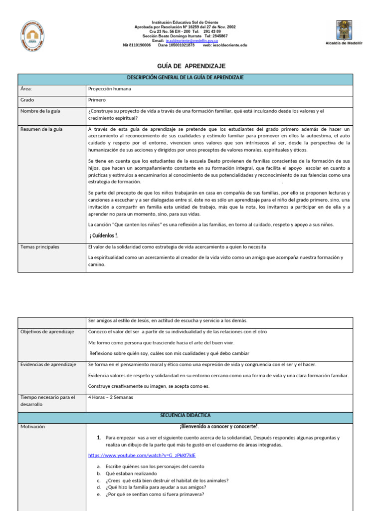 Guía de Aprendizaje - Proyección Humana 1° | PDF | Aprendizaje