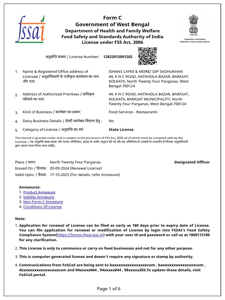 Ishan Cafe & More Food License Certificate | PDF | License | Cooking Oil