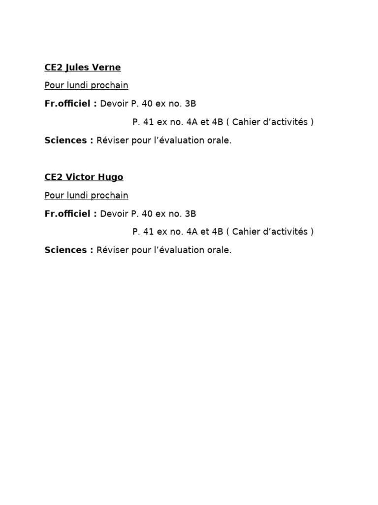 Devoirs CE2 Jules et Victor Hugo | PDF