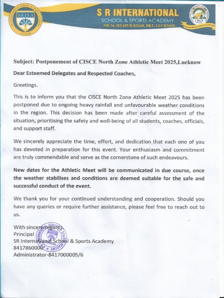 Postponement of CISCE North Zone Athletic Meet 2025, Lucknow | PDF