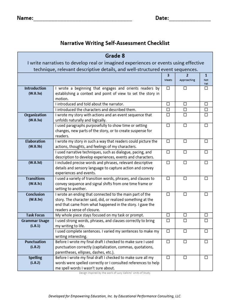 8th Grade Narrative Writing Student Self Assessment Checklist | PDF ...