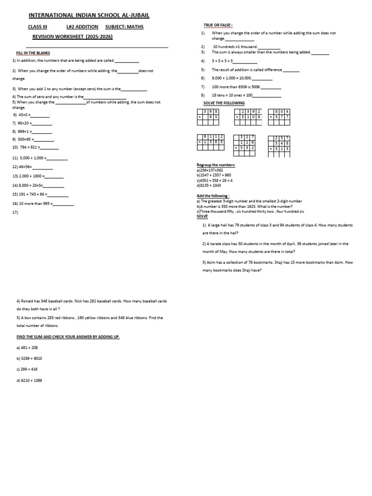 Class III Maths Addition Worksheet | PDF
