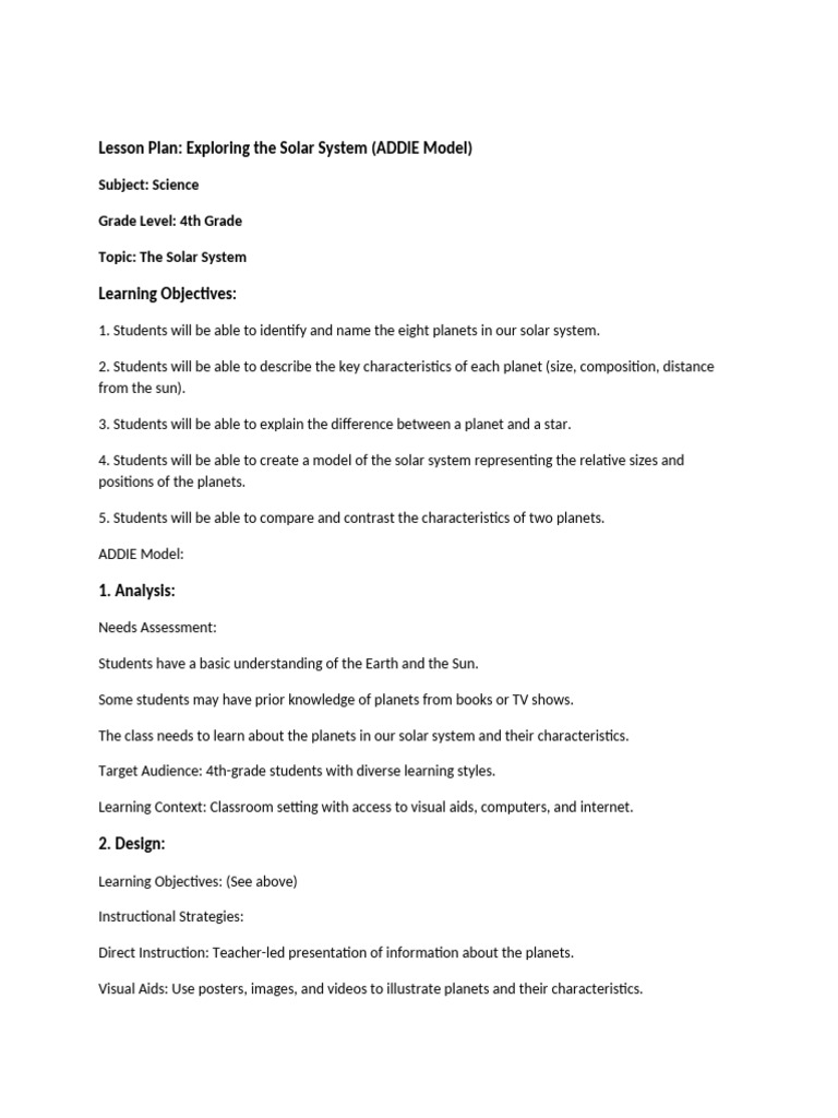 4th Grade Solar System Lesson Plan | PDF | Educational Assessment ...