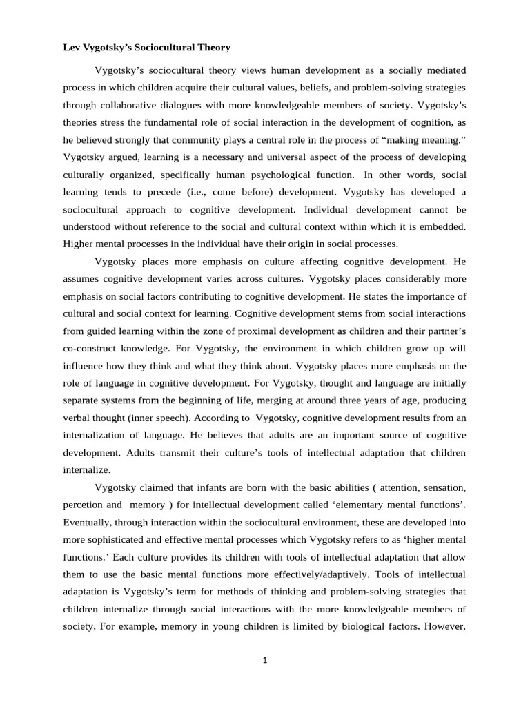 Vygotsky's Sociocultural Theory Explained | PDF | Schema (Psychology ...