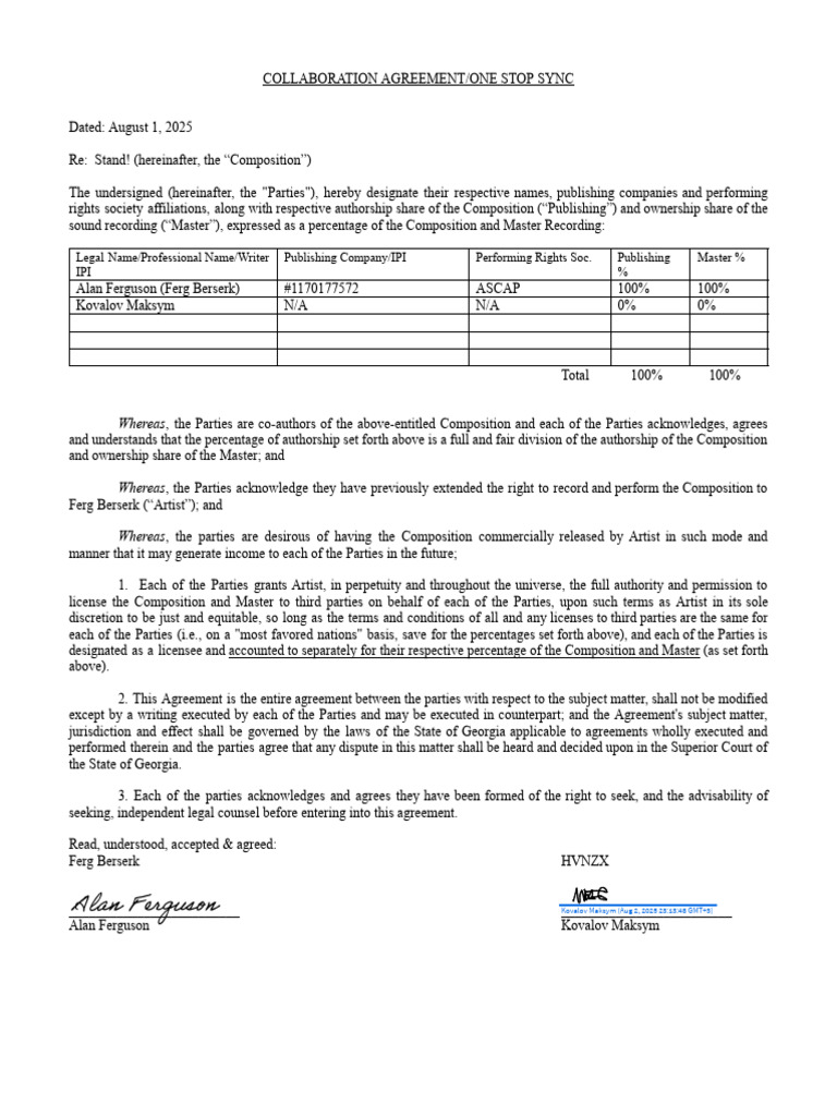 Collaboration Agreement for "Stand!" | PDF | Common Law | Justice