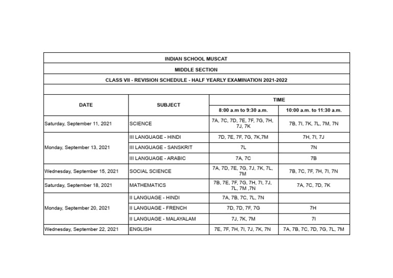 Class VII Half-Yearly Exam Schedule | PDF