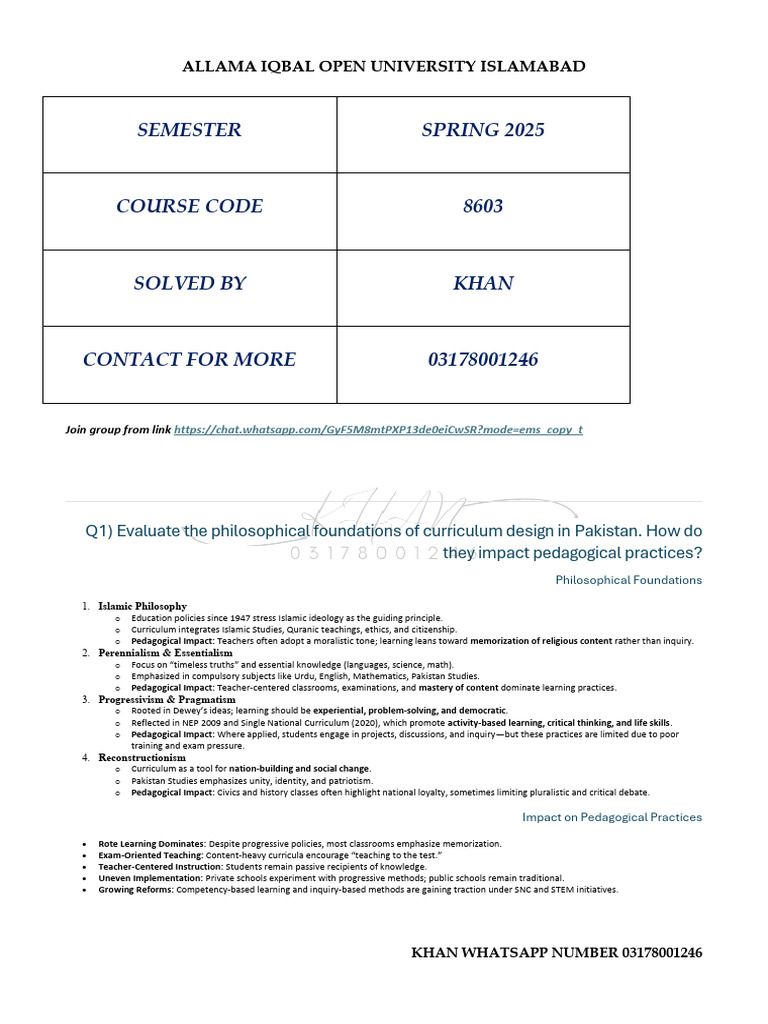 8603 Solved Paper Spring ? 2025 | PDF | Pedagogy | Curriculum