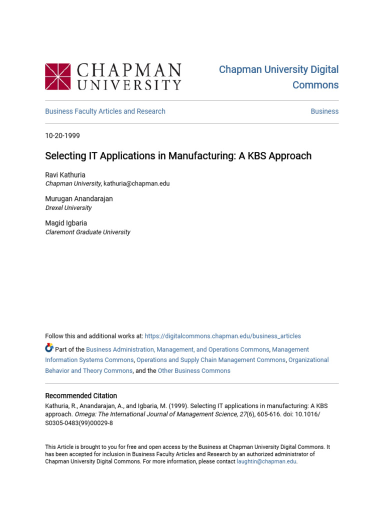 Selecting IT Applications in Manufacturing - A KBS Approach | PDF ...