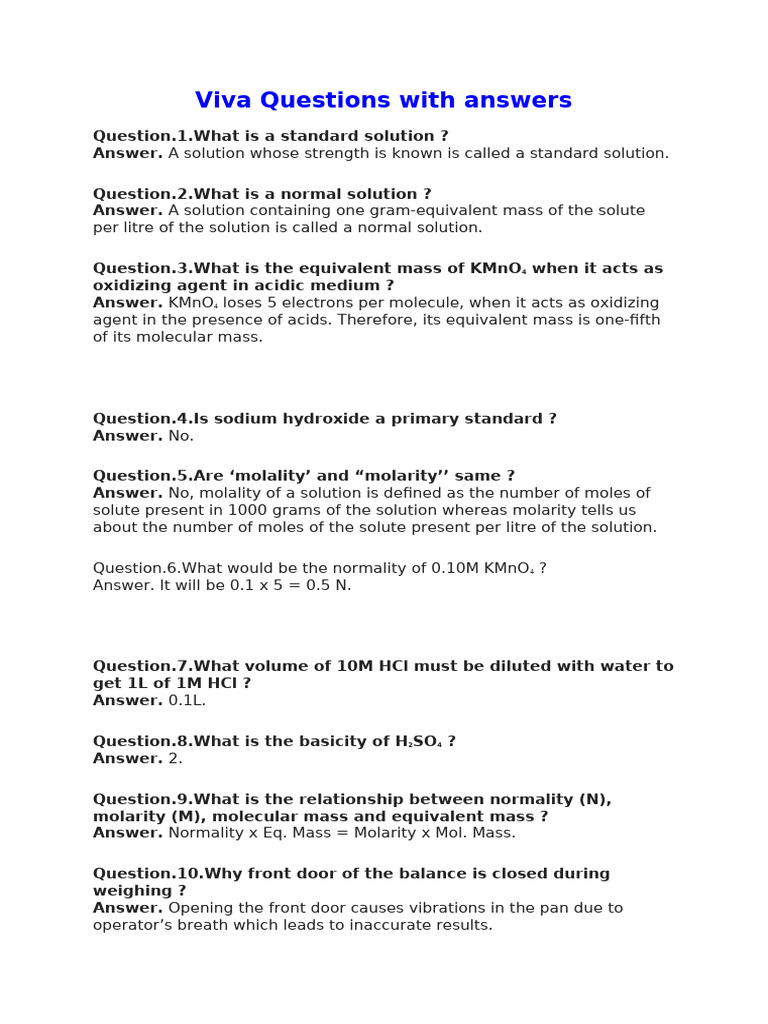Viva Questions With Answers | PDF | Chemistry | Titration