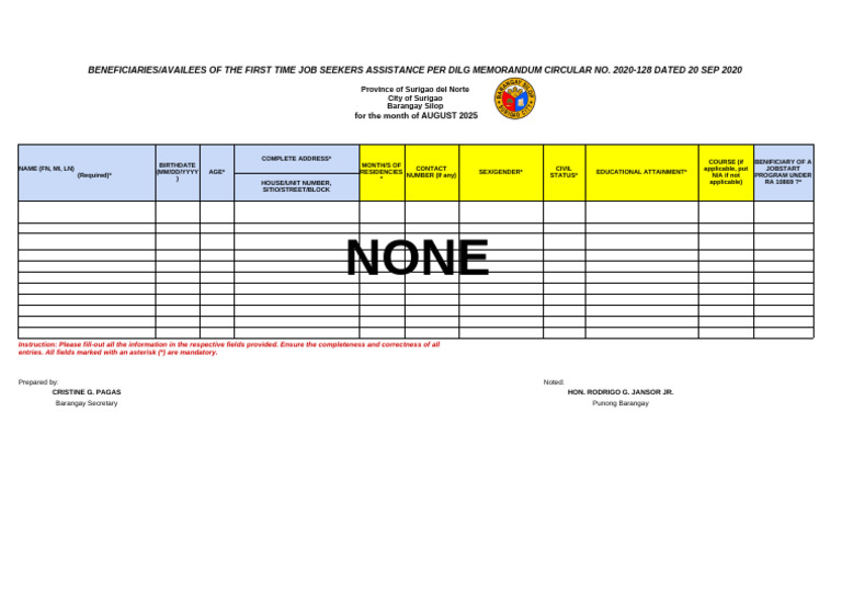 First Time Job Seekers Assistance Form | PDF