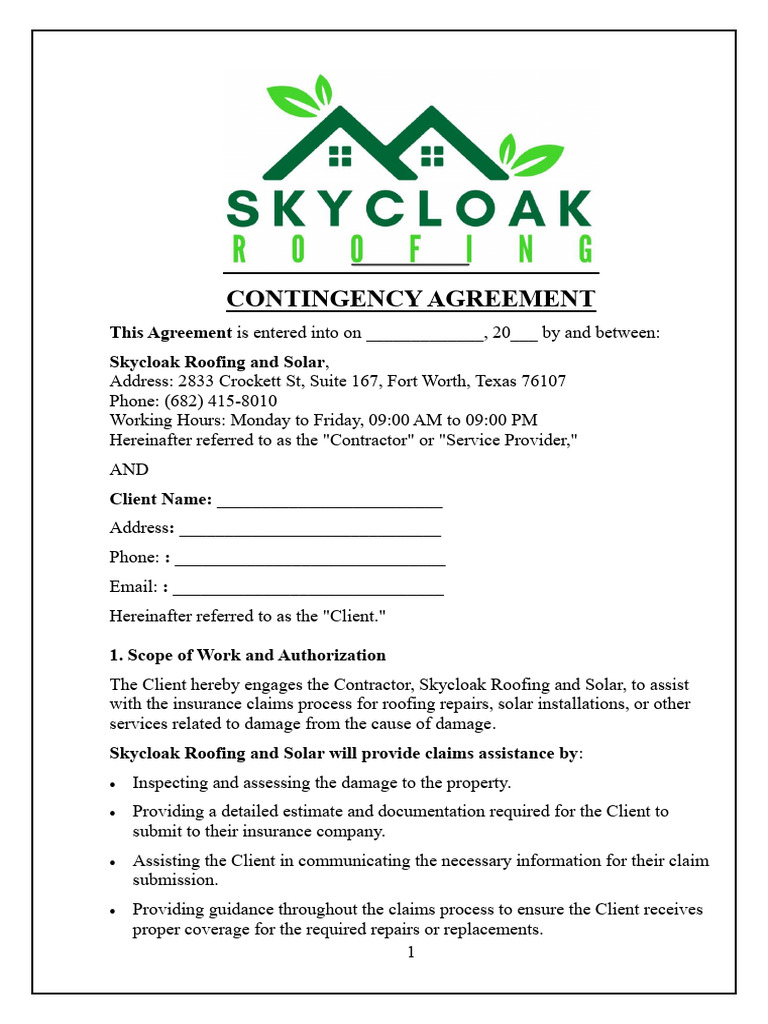 Roofing Contingency Agreement Template | PDF | Indemnity | Legal Liability