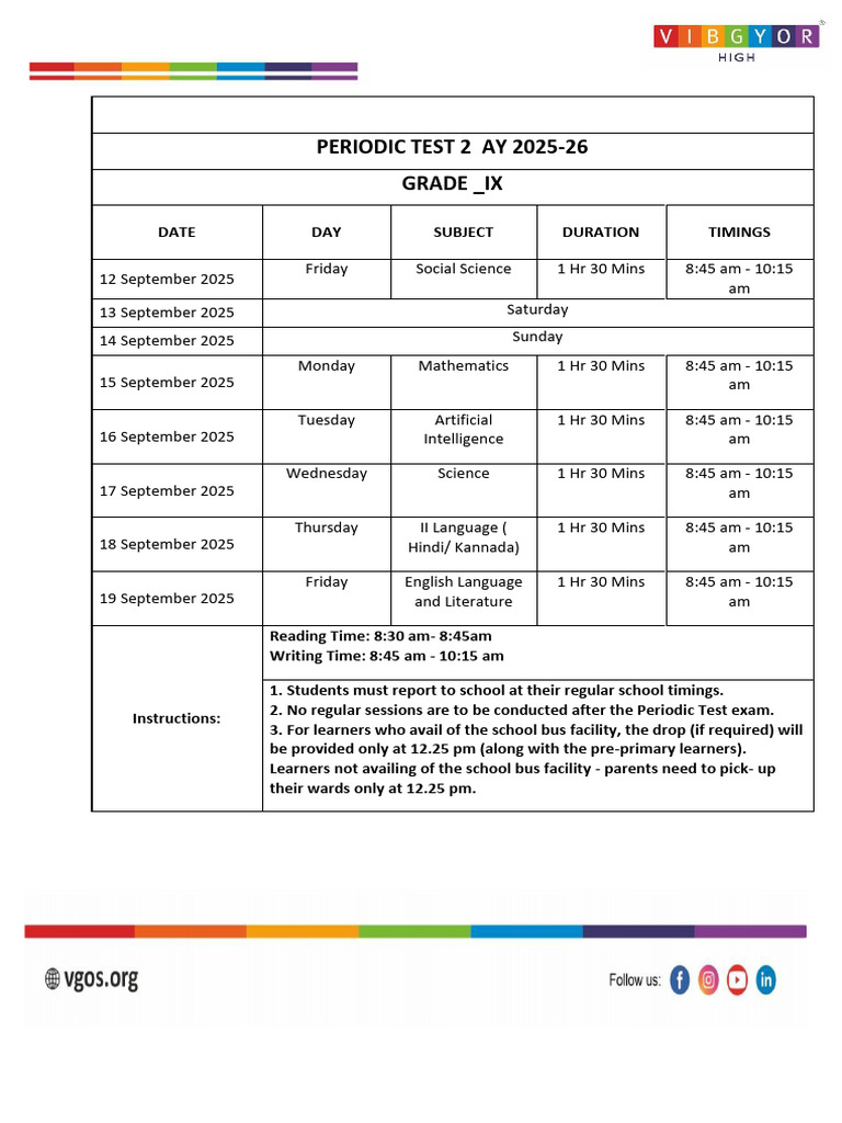 Grade 9 Exam Timetable 2025 | PDF