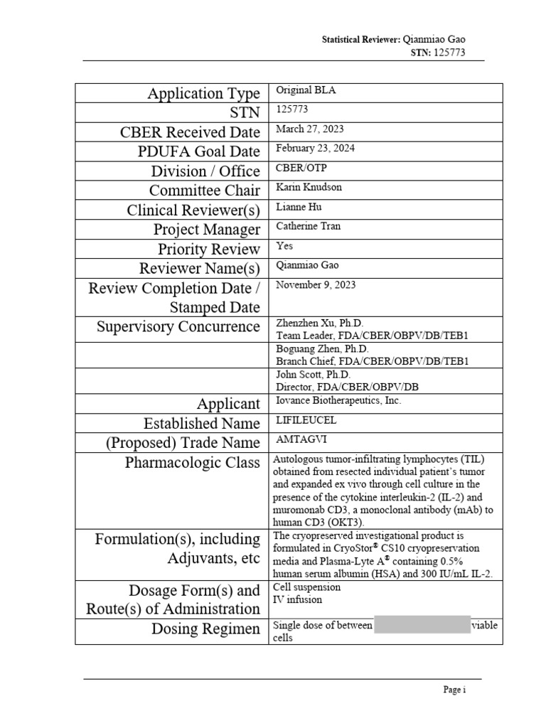 Statistical Review - AMTAGVI | PDF | Medical Specialties | Neoplasms