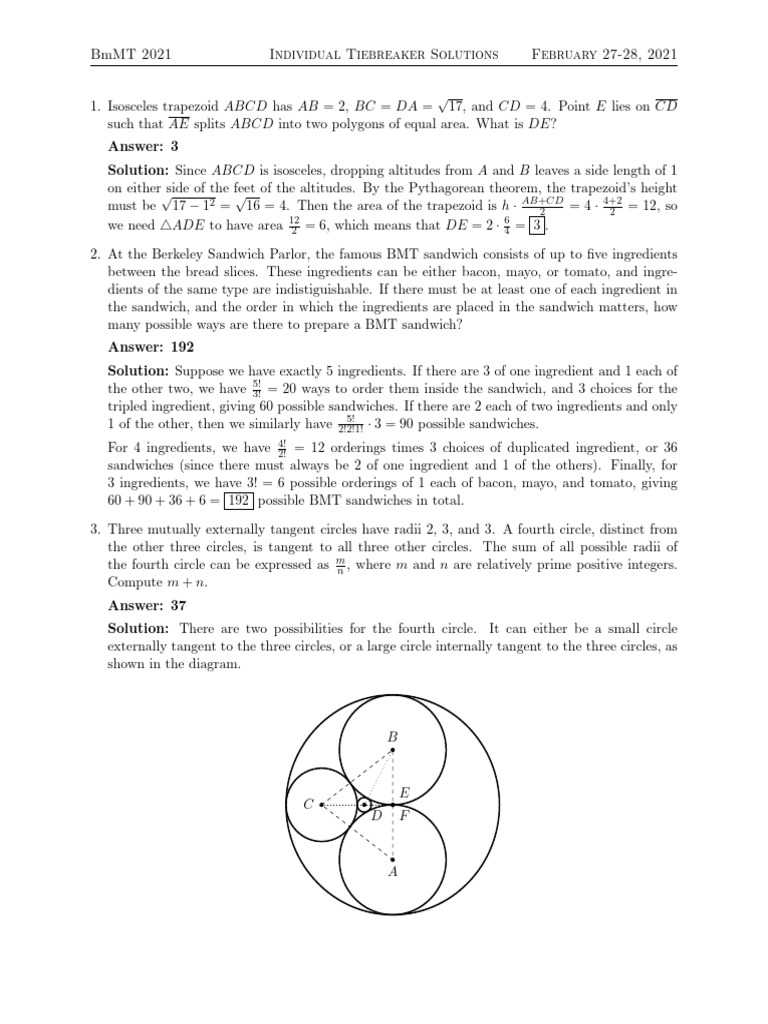 BmMT 2021 Tiebreaker Solutions | PDF | Circle | Geometric Shapes