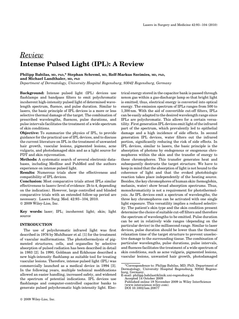 Lasers Surg Med - 2010 - Babilas - Intense Pulsed Light IPL A Review | PDF