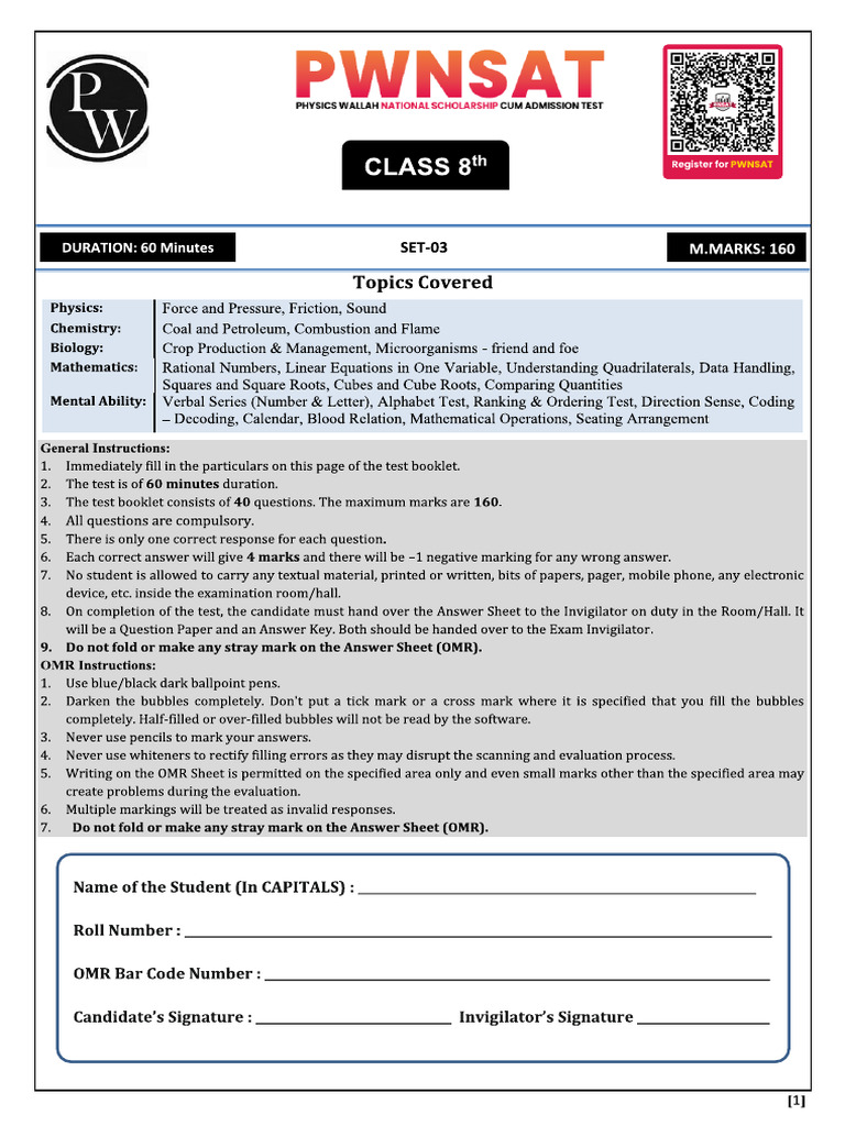 PWNSAT P7 Class 8th Set 03 Questions | PDF