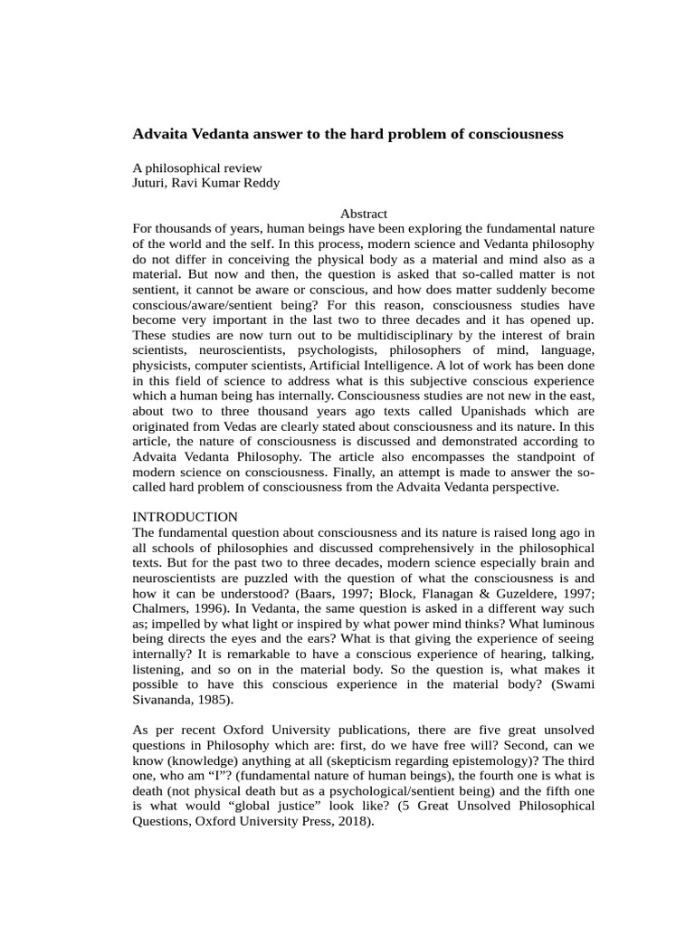 Advaita Vedanta on Consciousness Issues | PDF | Ātman (Hinduism ...