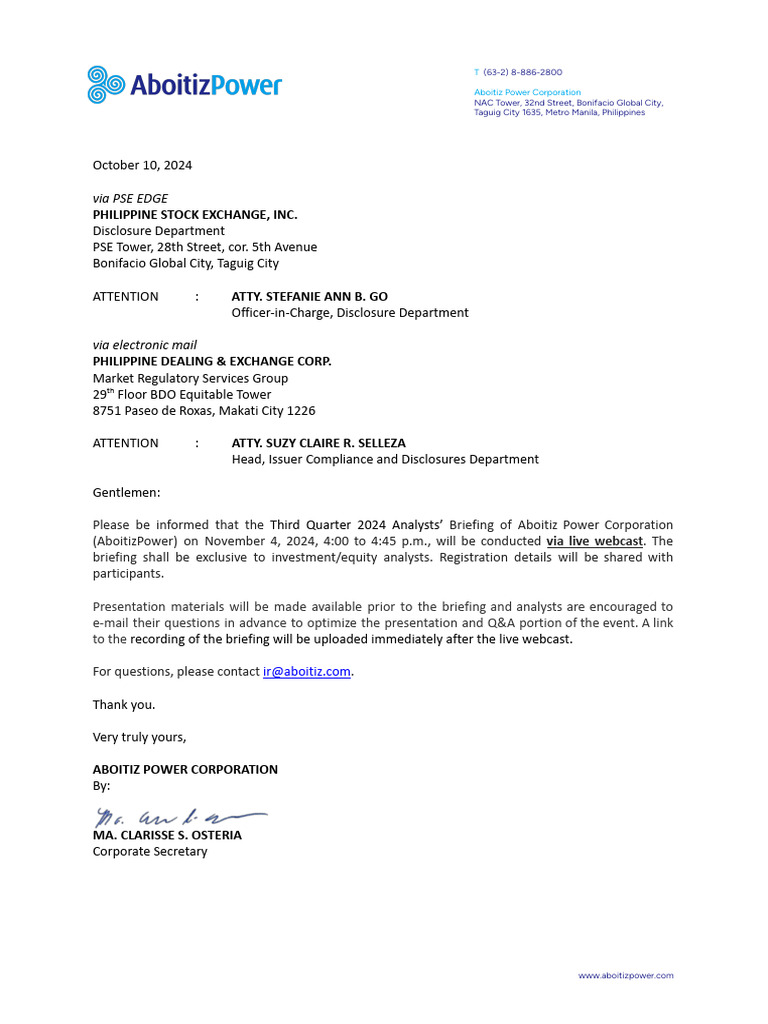AP LETTER 10.10.24 PSE Re Change in Schedule of Q3 2024 Analyst ...