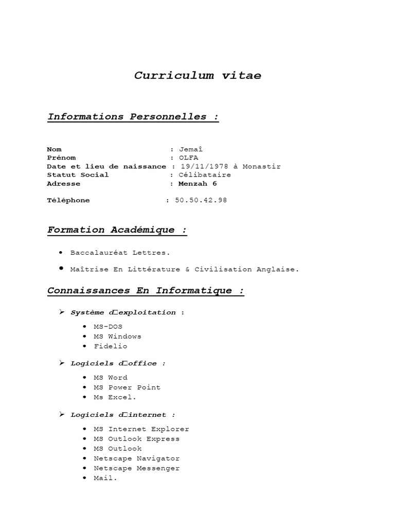 CV d'Olfa Jemaî - Expérience Variée | PDF