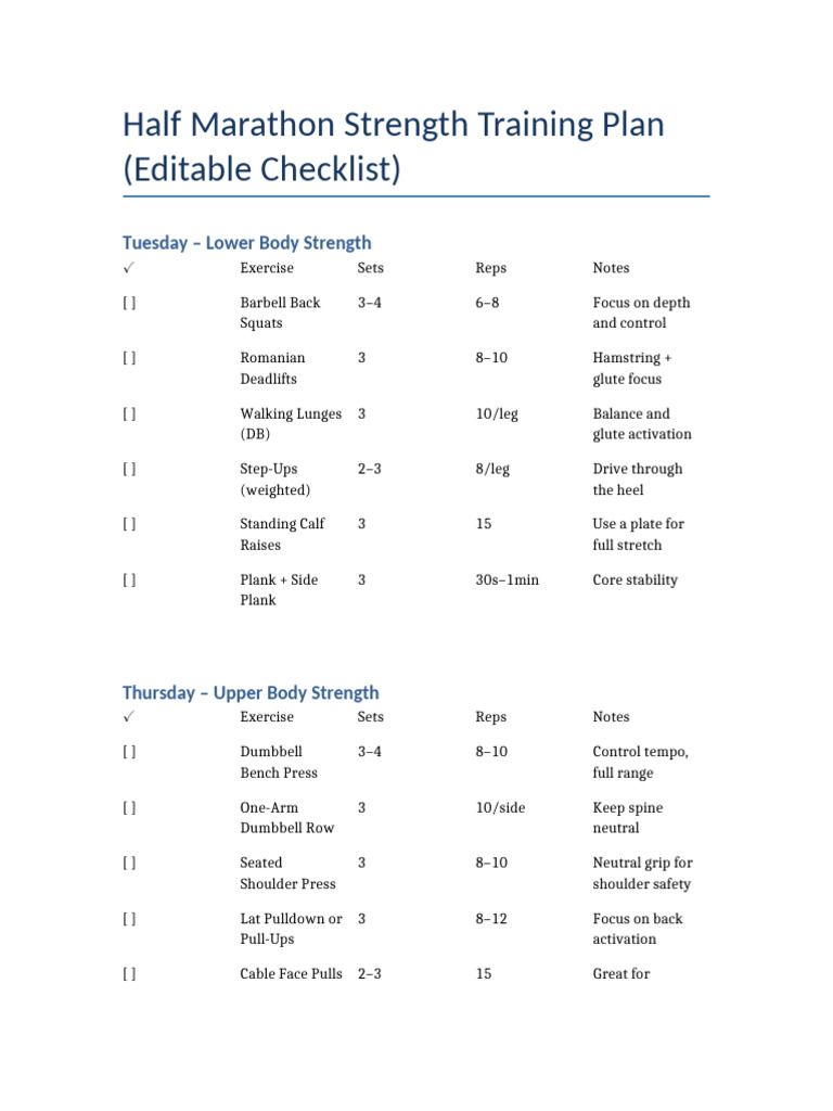 Half Marathon Strength Training Plan | PDF | Management Of Obesity ...