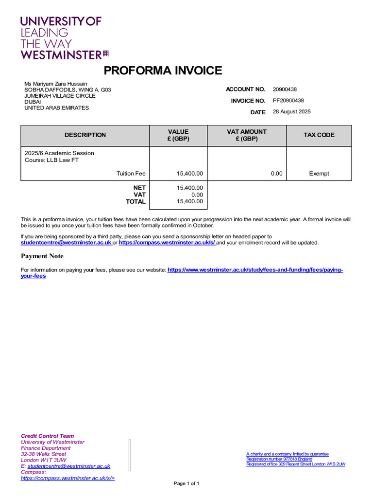 Proforma Invoice for LLB Tuition Fees | PDF