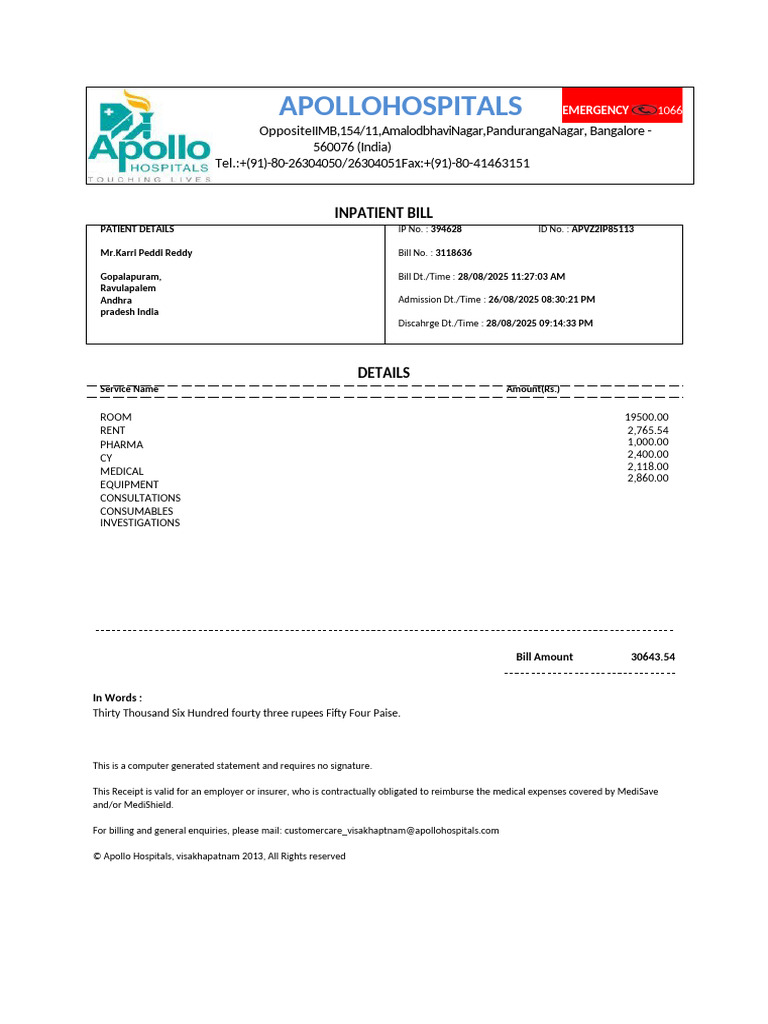 Inpatient Bill for Mr. Karri Reddy | PDF | Medicine | Service Industries