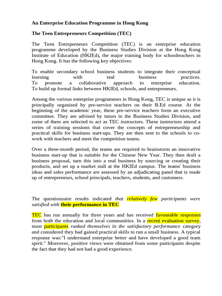 Enterprise Education in Hong Kong: TEC | PDF | Entrepreneurship | Teachers