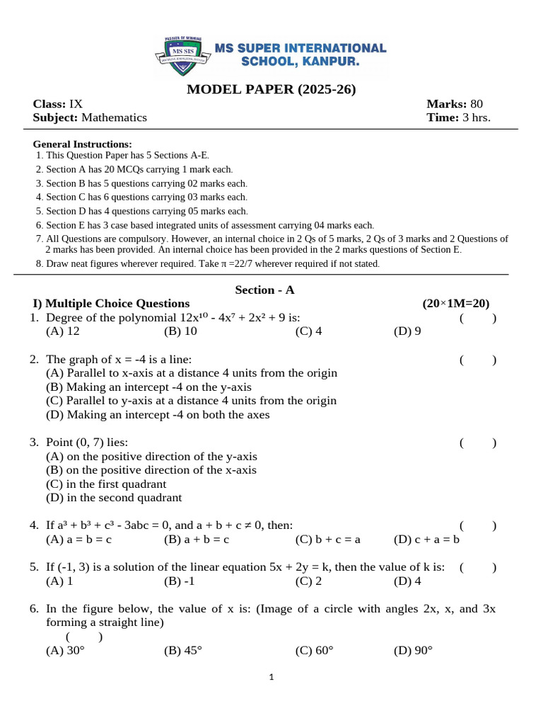 Math Class 9 Model Paper QP (KN) | PDF | Area | Rectangle