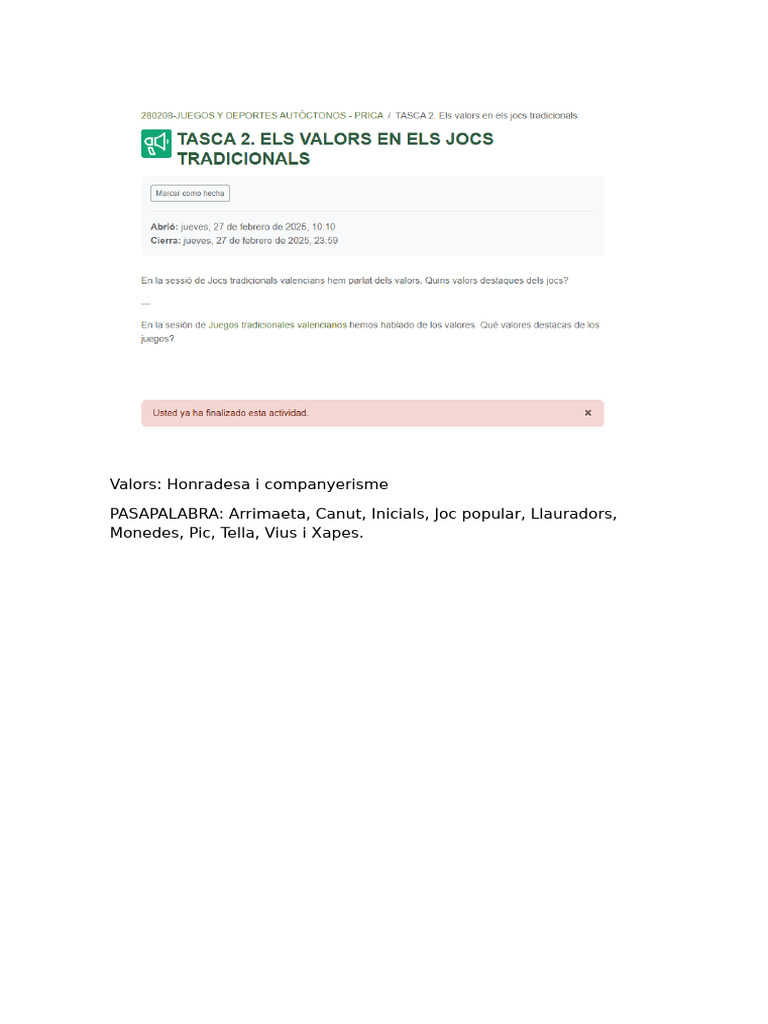 TASCA 2. Els Valors en Els Jocs Tradicionals | PDF