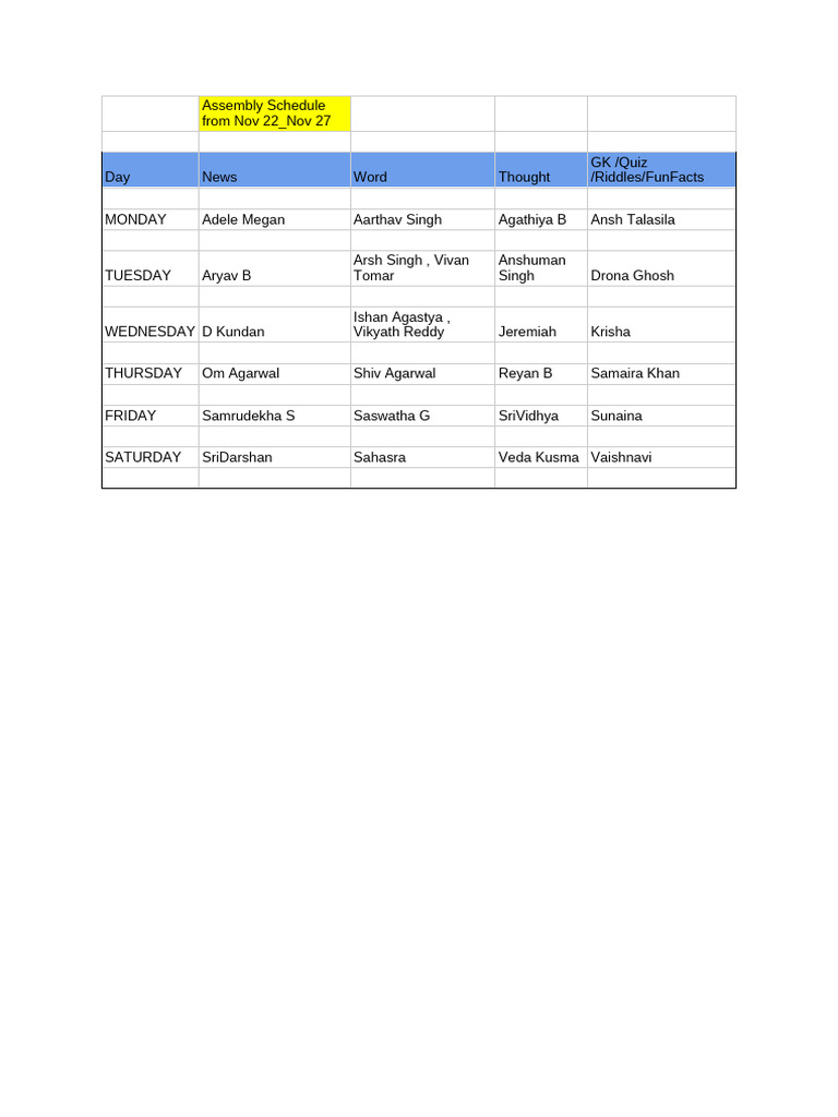 Assembly Schedule From Nov 22 | PDF